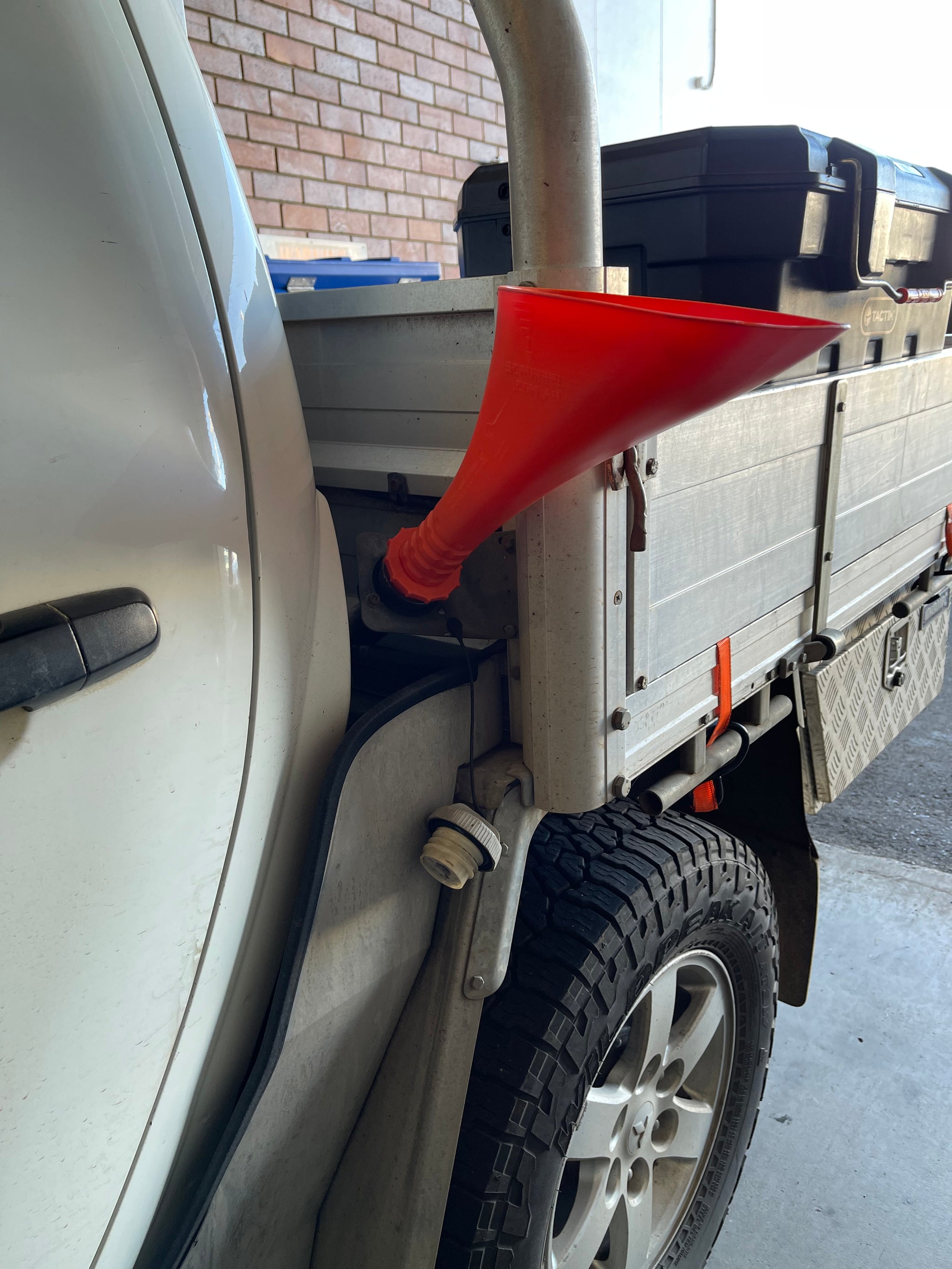 Safety Orange Scrunnel, refueling from jerry cans. Vehicle Funnel car ...